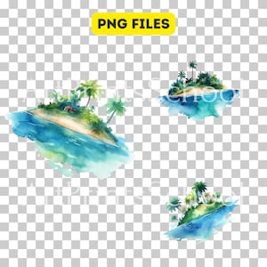 Watercolor Tropical Island Clipart: Beach Paradise PNG Bundle (digital ...