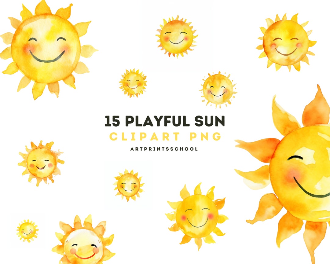 Playful Sun Clipart, Watercolor Digital Sun Clip Art, Commercial Use ...