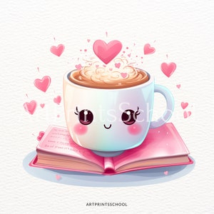 Kawaii Coffee Cup With Books Clipart Bundle, Book Clipart, Commercial ...