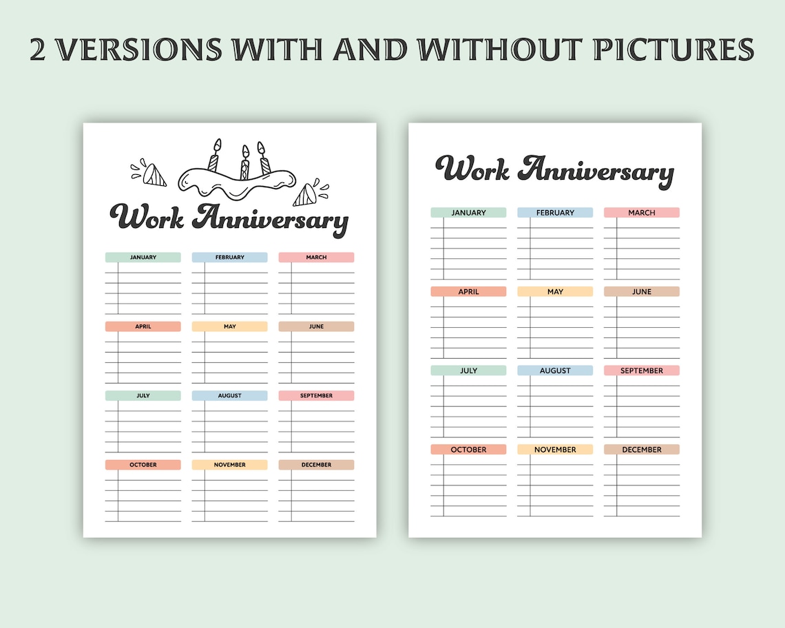 Editable Work Anniversary Tracker: Printable Employee Calendar (digital ...