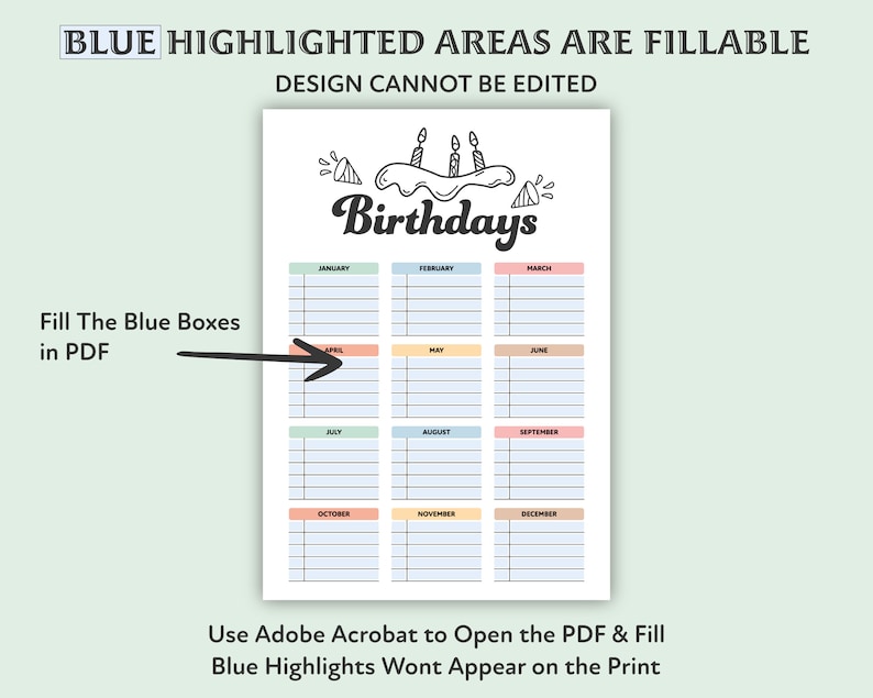 Printable Birthday Tracker: Editable PDF Chart (A4, A5, Letter) - Etsy