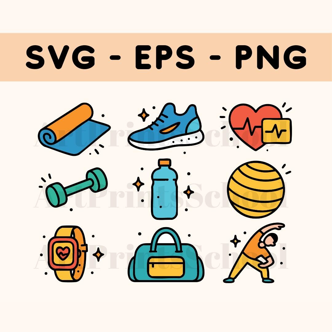 Daily Fitness Svg Clipart Set | SVG, EPS, PNG Files | Colorful Doodle ...