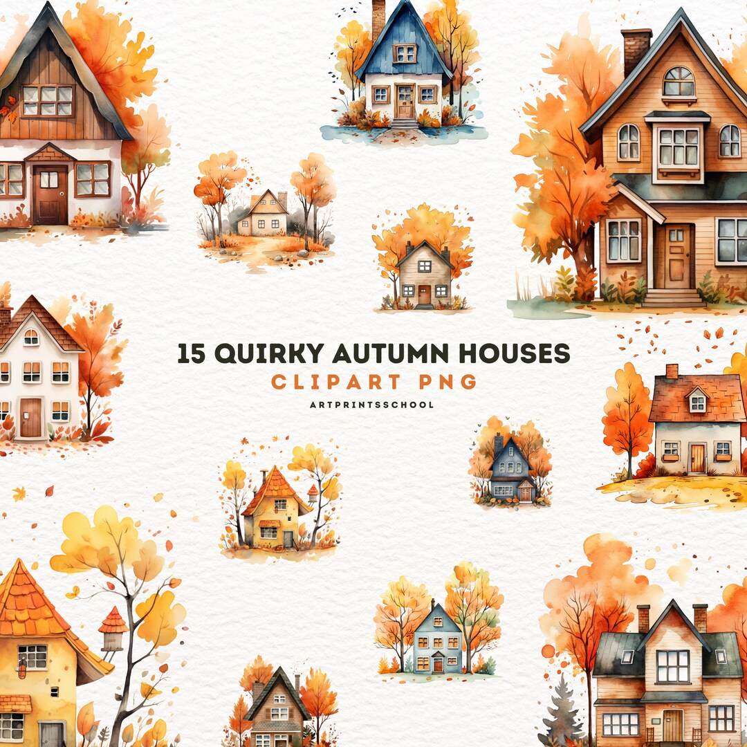 Quirky Autumn Houses Clipart, 15 Watercolor High Quality PNG, Memory ...