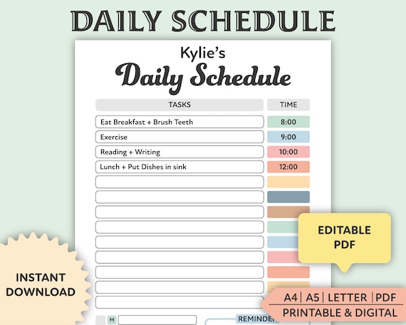 Editable Daily Schedule Printable Chore Chart Kids Daily - Etsy