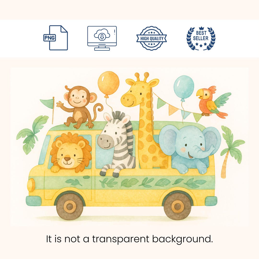 Watercolor Safari Animal Bus PNG: Jungle Nursery Art - Etsy