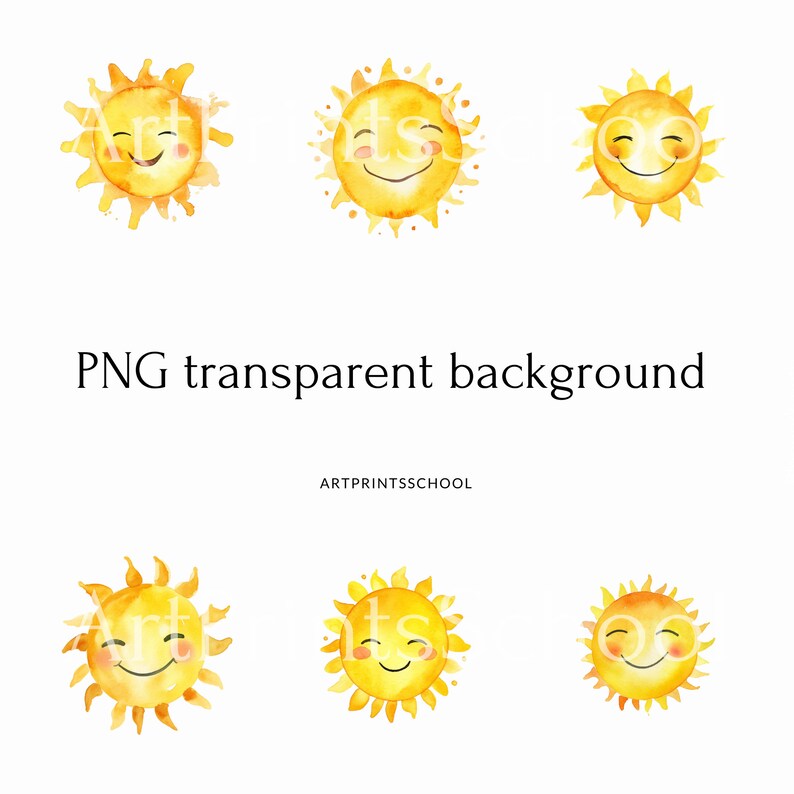 Watercolor Sun Clipart: Playful Summer Designs (PNG, Digital Download ...