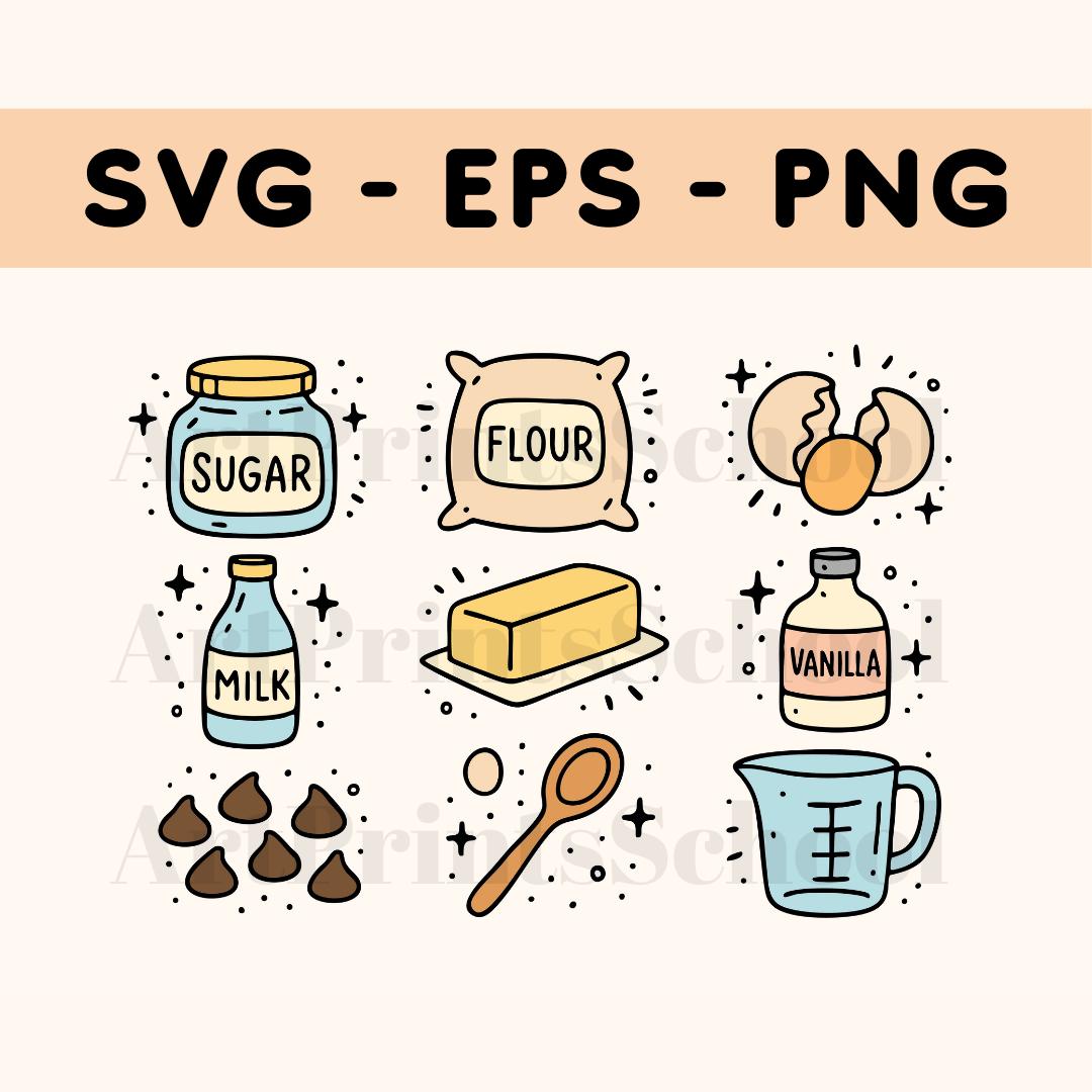 Baking Ingredients Clipart Set: Doodle Style Kitchen Elements (SVG, EPS ...