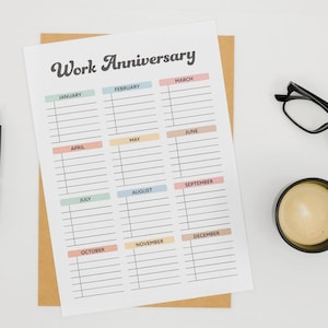 Editable Work Anniversary Tracker: Printable Employee Calendar (digital ...