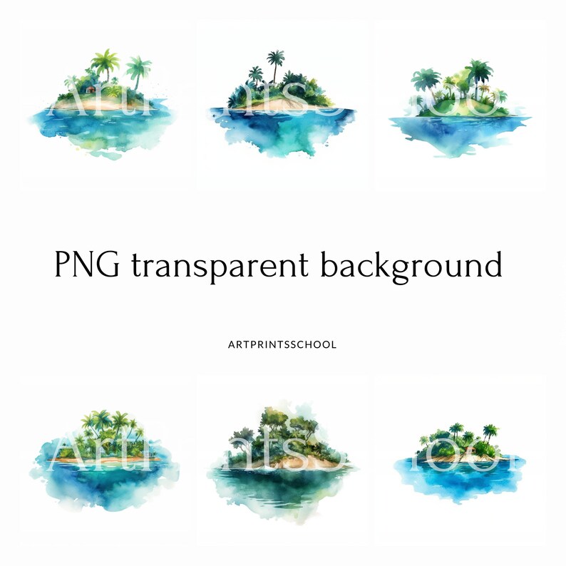 Watercolor Tropical Island Clipart: Beach Paradise PNG Bundle (digital ...