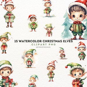 Cute Christmas Elves Clipart - 15 Watercolor Christmas Elves, Memory ...