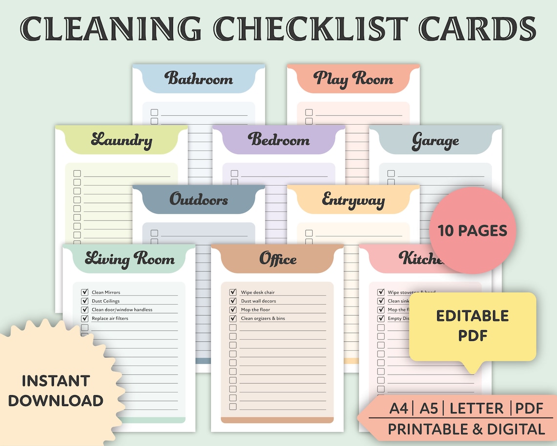 Editable Cleaning Cards Printable Cleaning Checklist House - Etsy