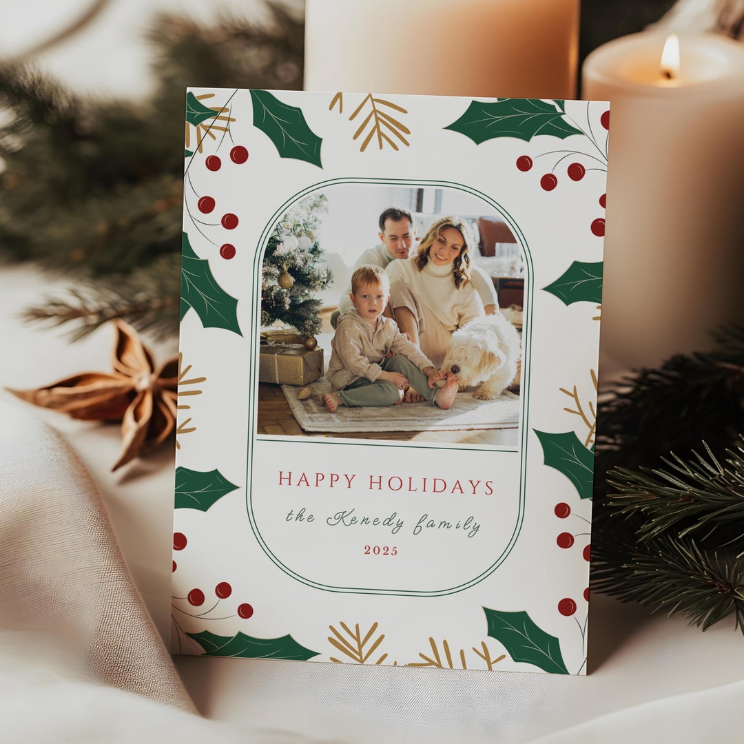 Boho Christmas Card Custom Photo, Minimalist Photo Christmas Card ...