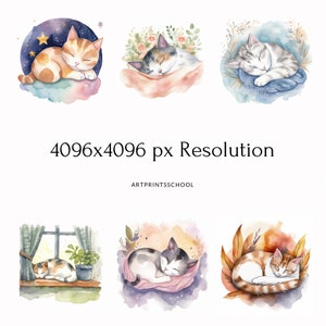 25 Watercolor Sleeping Cat Clipart - Cute Feline Graphics for Crafts ...