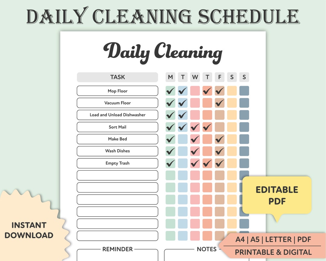 Editable Daily Cleaning Schedule, Printable Weekly Cleaning Planner ...