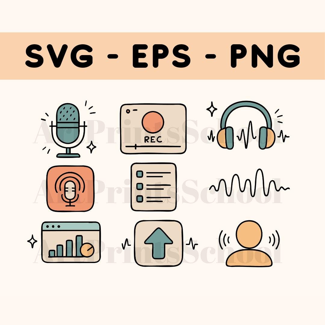 Podcast Creation Svg Clipart Set | SVG, EPS, PNG Files | Doodle Style ...