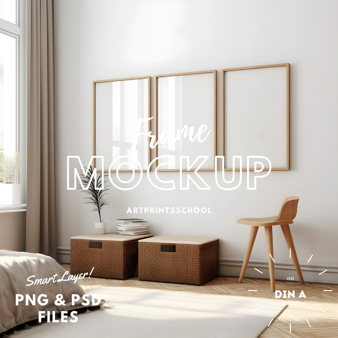 Wall Art 3 Frame Mockup, PSD Wall Mockup Frame, DIN A Ratio, Boho Art ...