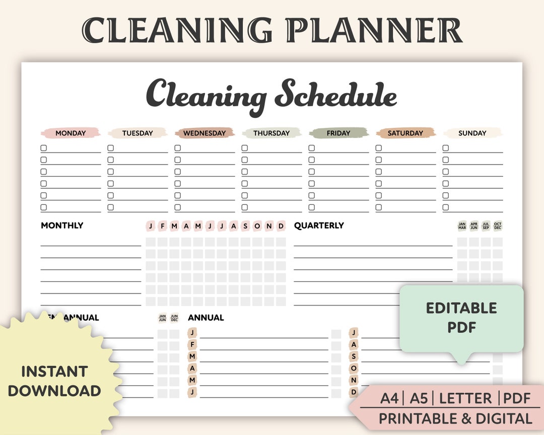 Editable Cleaning Schedule, Printable, Weekly, Monthly, Yearly Cleaning ...
