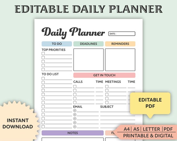Editable Daily Schedule Printable Digital Daily Planner - Etsy
