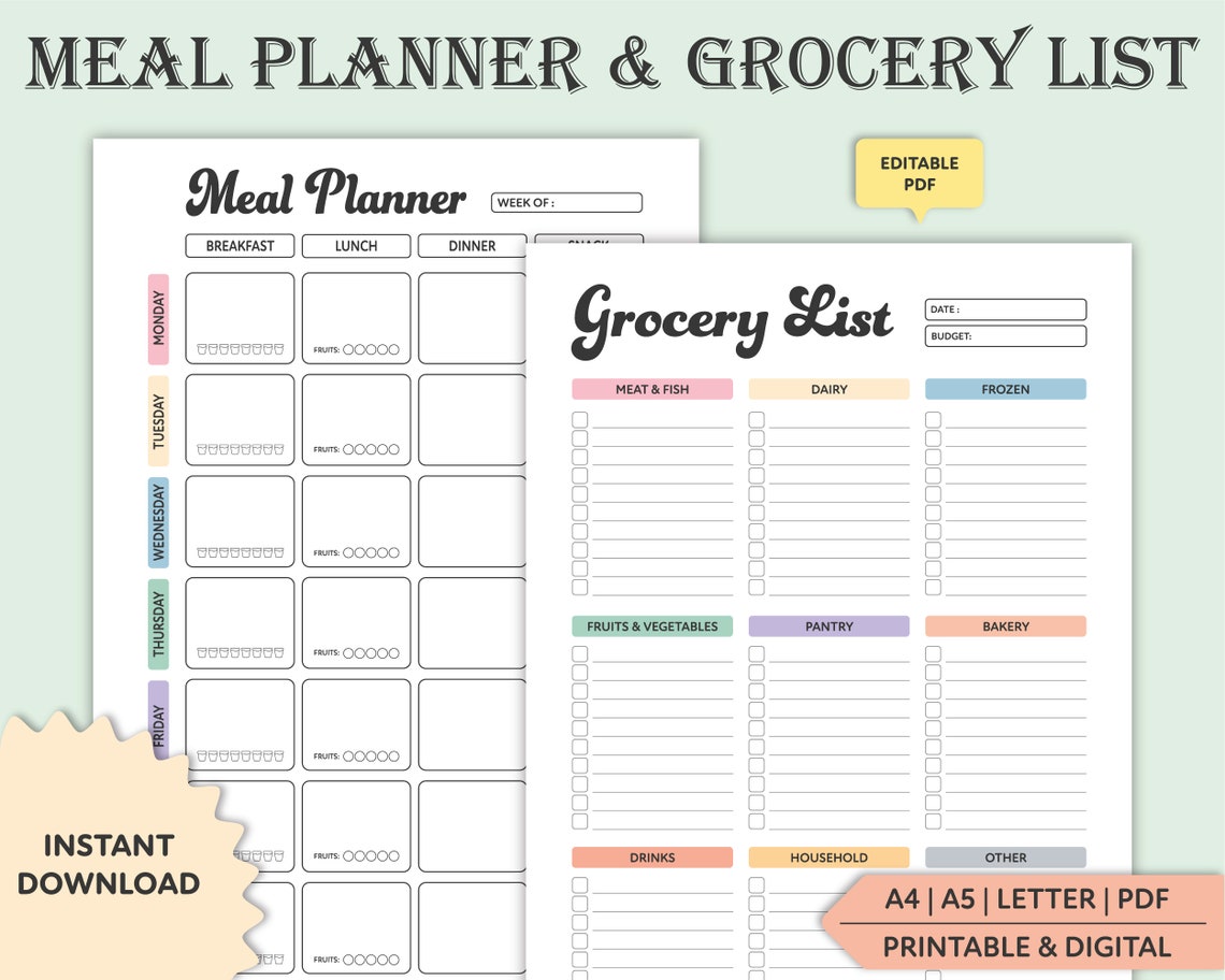 Editable Weekly Meal Planner and Grocery List Printable & - Etsy