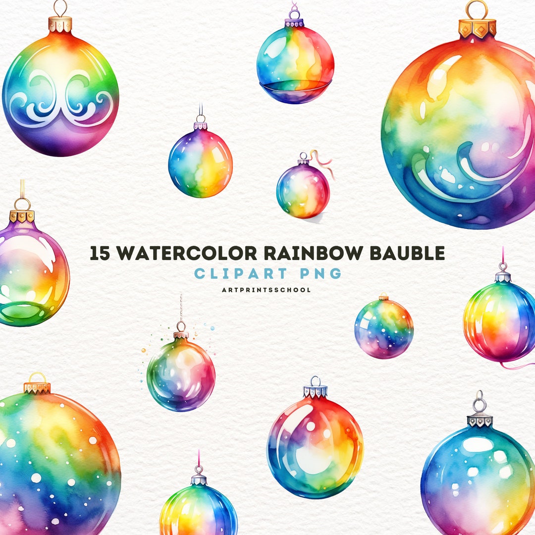 Rainbow Bauble Clipart, 15 Watercolor High Quality PNG, Christmas ...