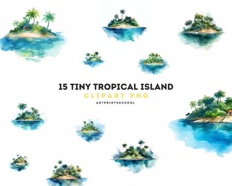 Watercolor Tropical Island Clipart: Beach Paradise PNG Bundle (digital ...