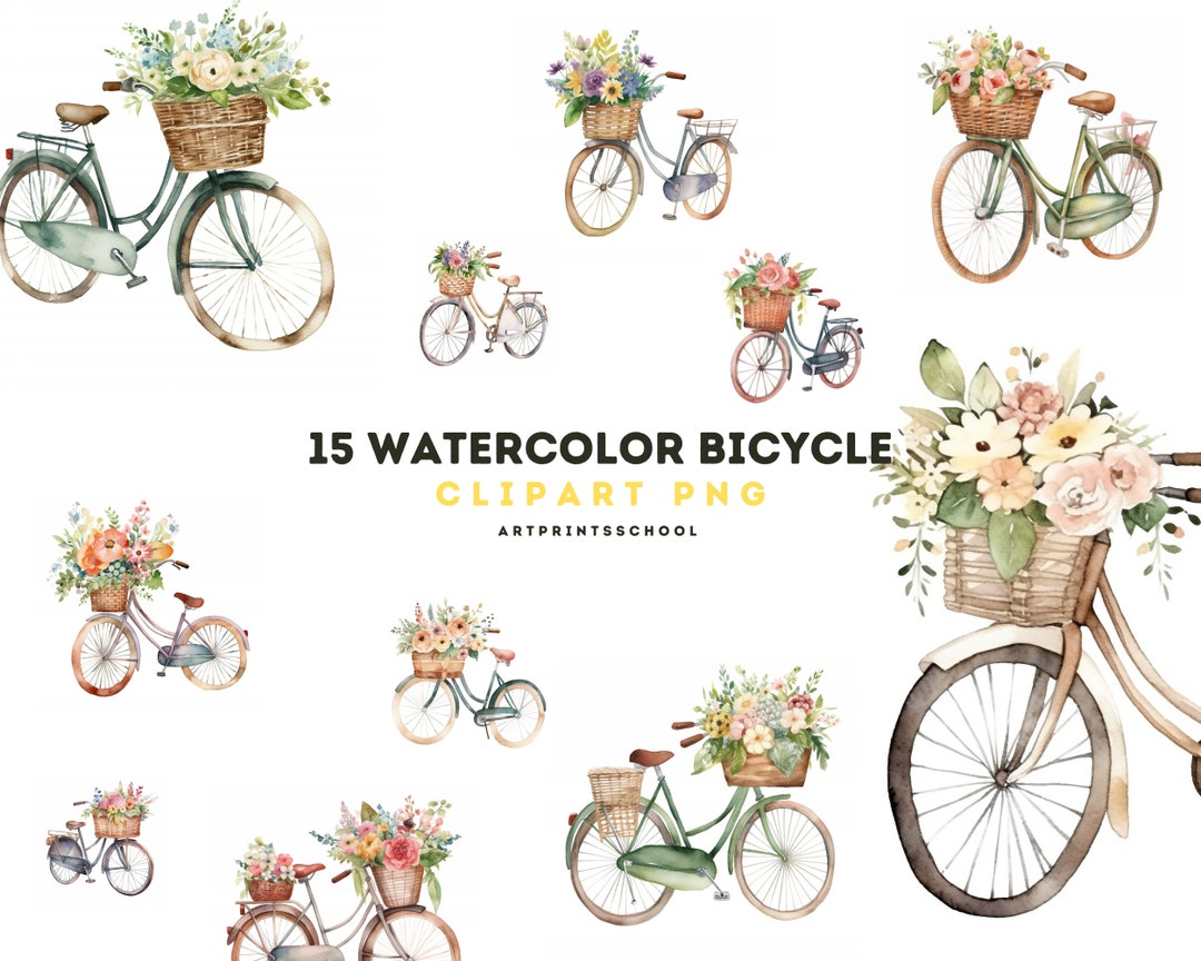 Watercolor Floral Bicycle Clipart: Vintage Bike PNG (digital Download ...