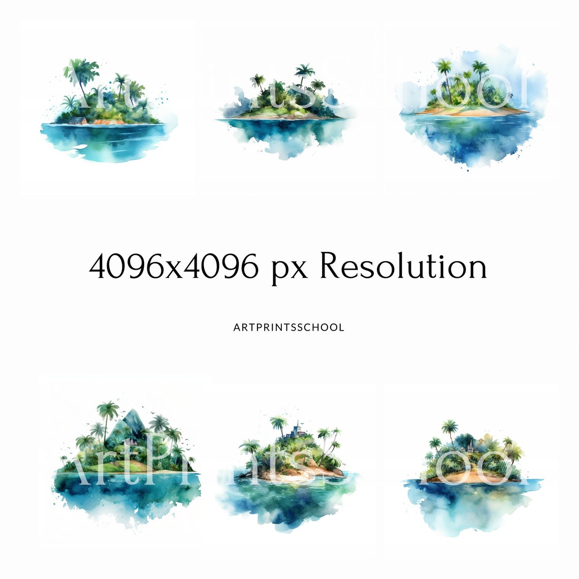 Watercolor Tropical Island Clipart: Beach Paradise PNG Bundle (digital ...