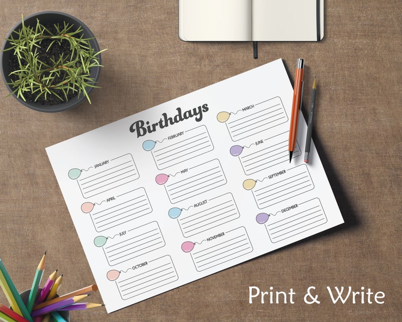 Editable Birthday Tracker Printable: Birthday Chart (digital Download ...