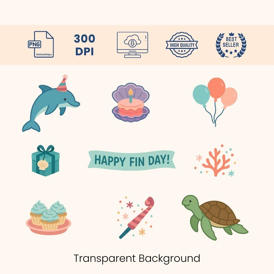 Undersea Birthday PNG Clipart | Ocean Party Dolphin Sticker Set | Sea ...