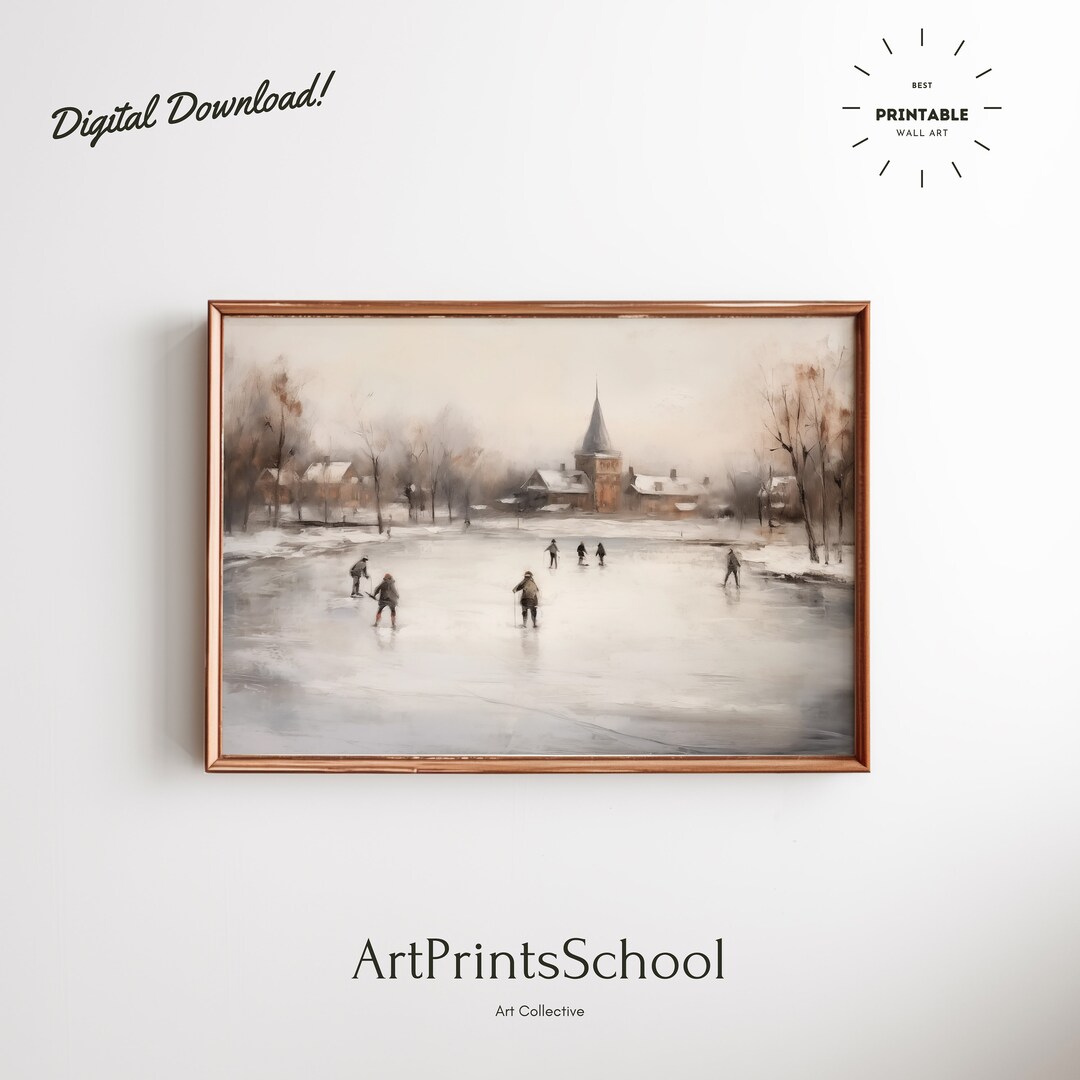 Vintage Skating Rink Painting: Rustic Winter Farmhouse Art (digital ...