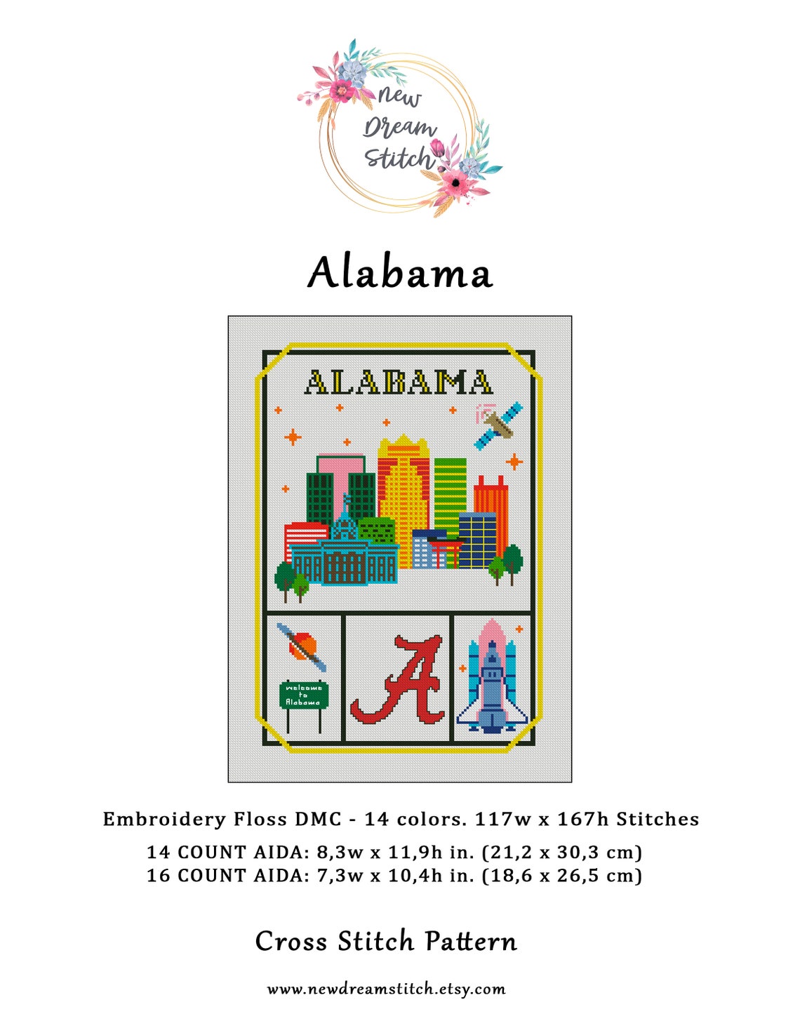 Alabama Cross Stitch Pattern, Little City Cross Stitch Pattern, Modern ...