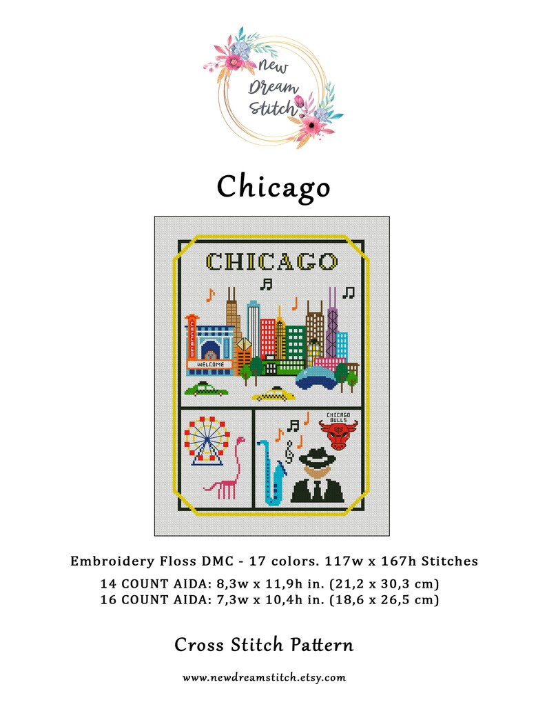 Chicago Cross Stitch Pattern, Little City Cross Stitch Pattern, Modern ...