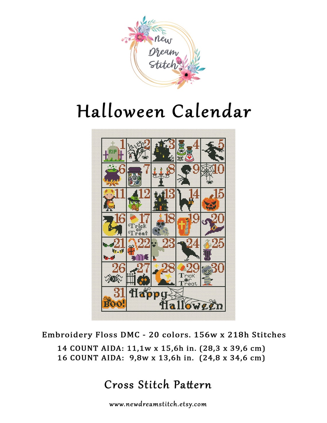 Halloween Calendar Cross Stitch Pattern, Happy Halloween Cross Stitch ...