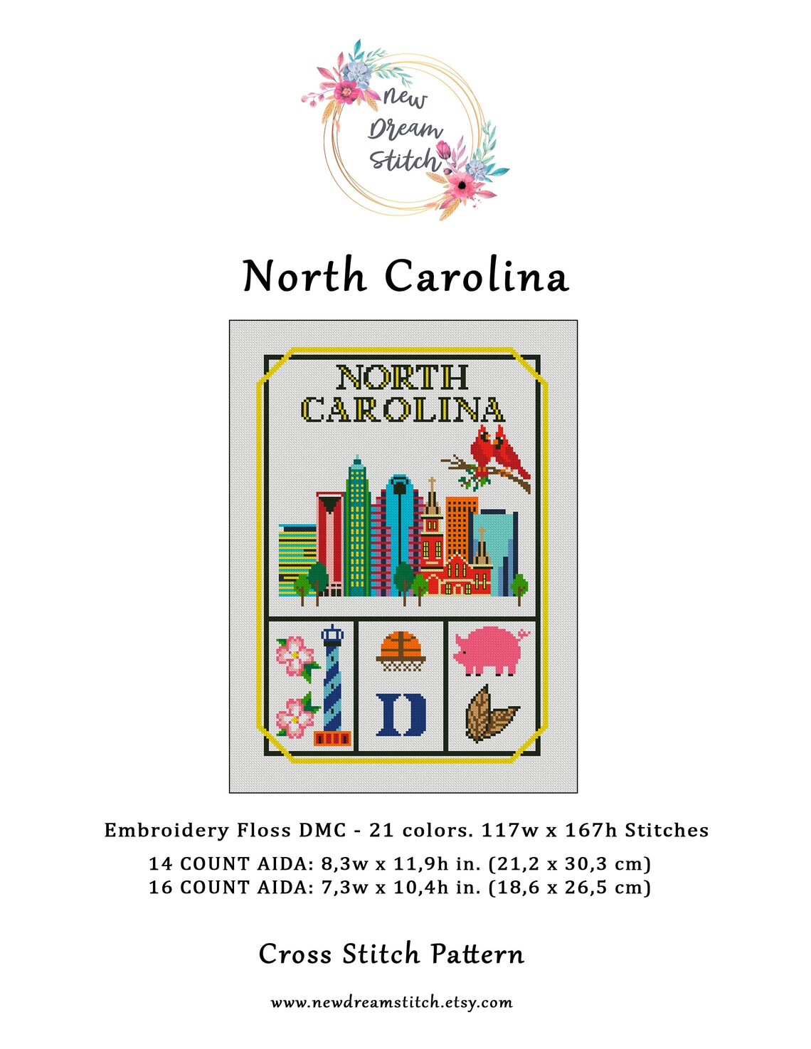 North Carolina Cross Stitch Pattern, Little City Cross Stitch Pattern ...