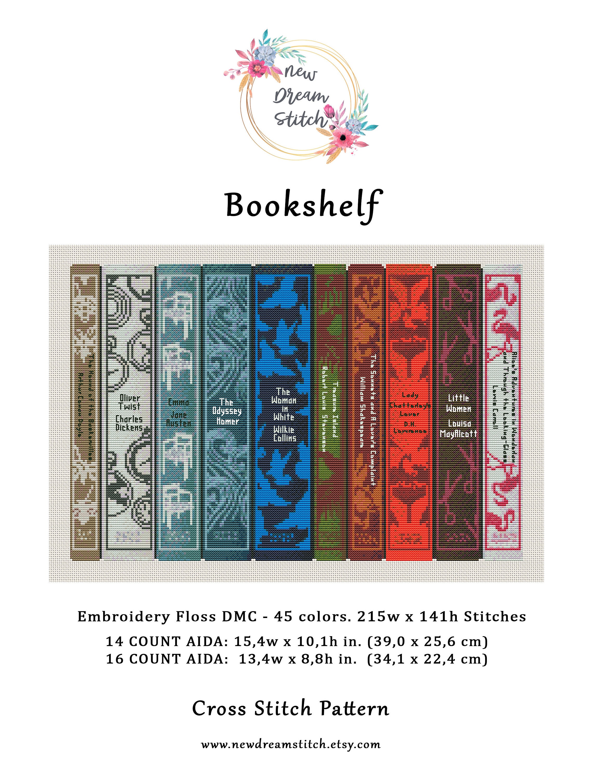Bookshelf Cross Stitch Pattern, Reader Library, Classic Book Cross ...