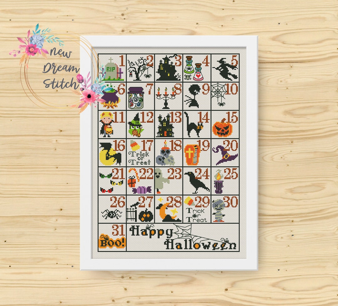 Halloween Calendar Cross Stitch Pattern, Happy Halloween Cross Stitch ...