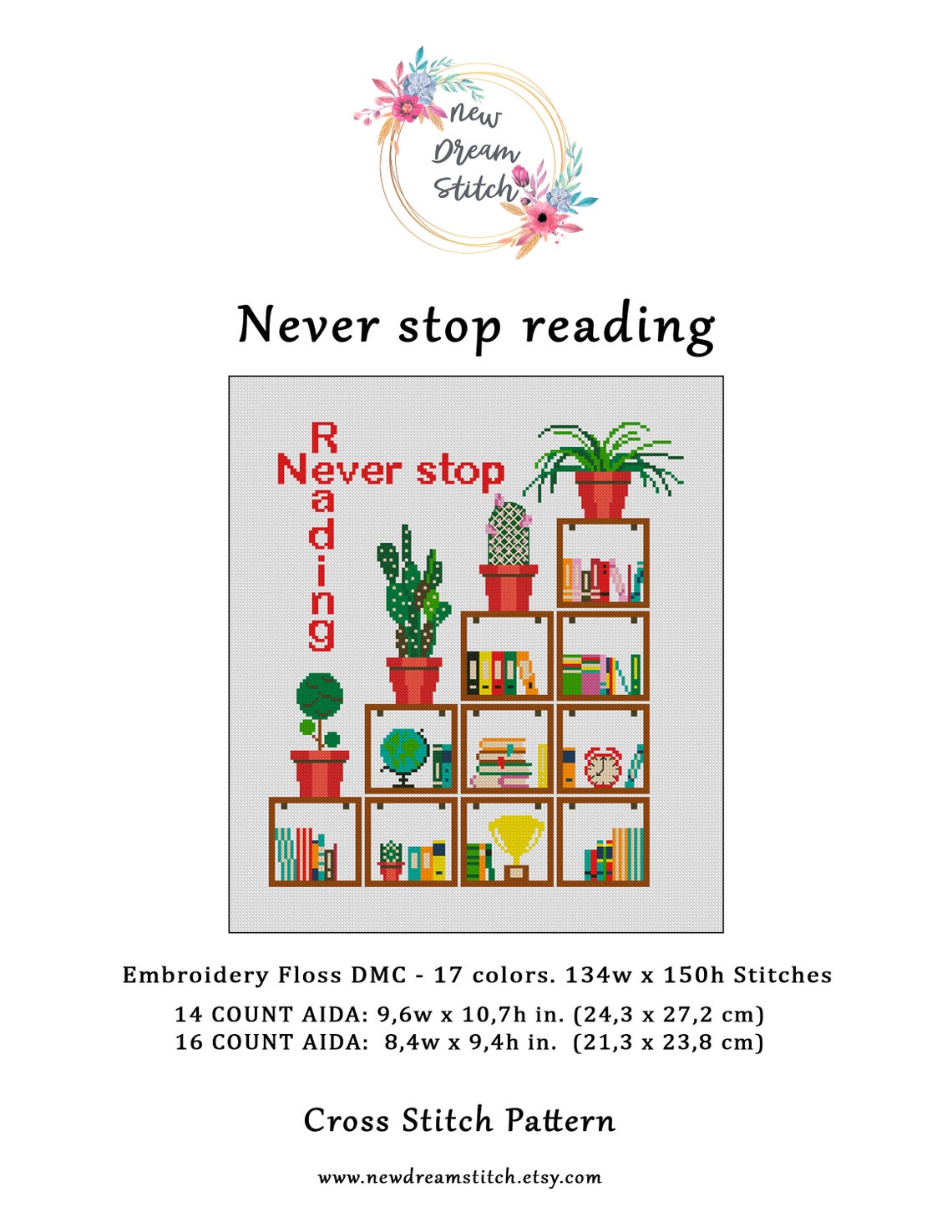 Never Stop Reading Cross Stitch Pattern, Reader Library, Bookshelf ...