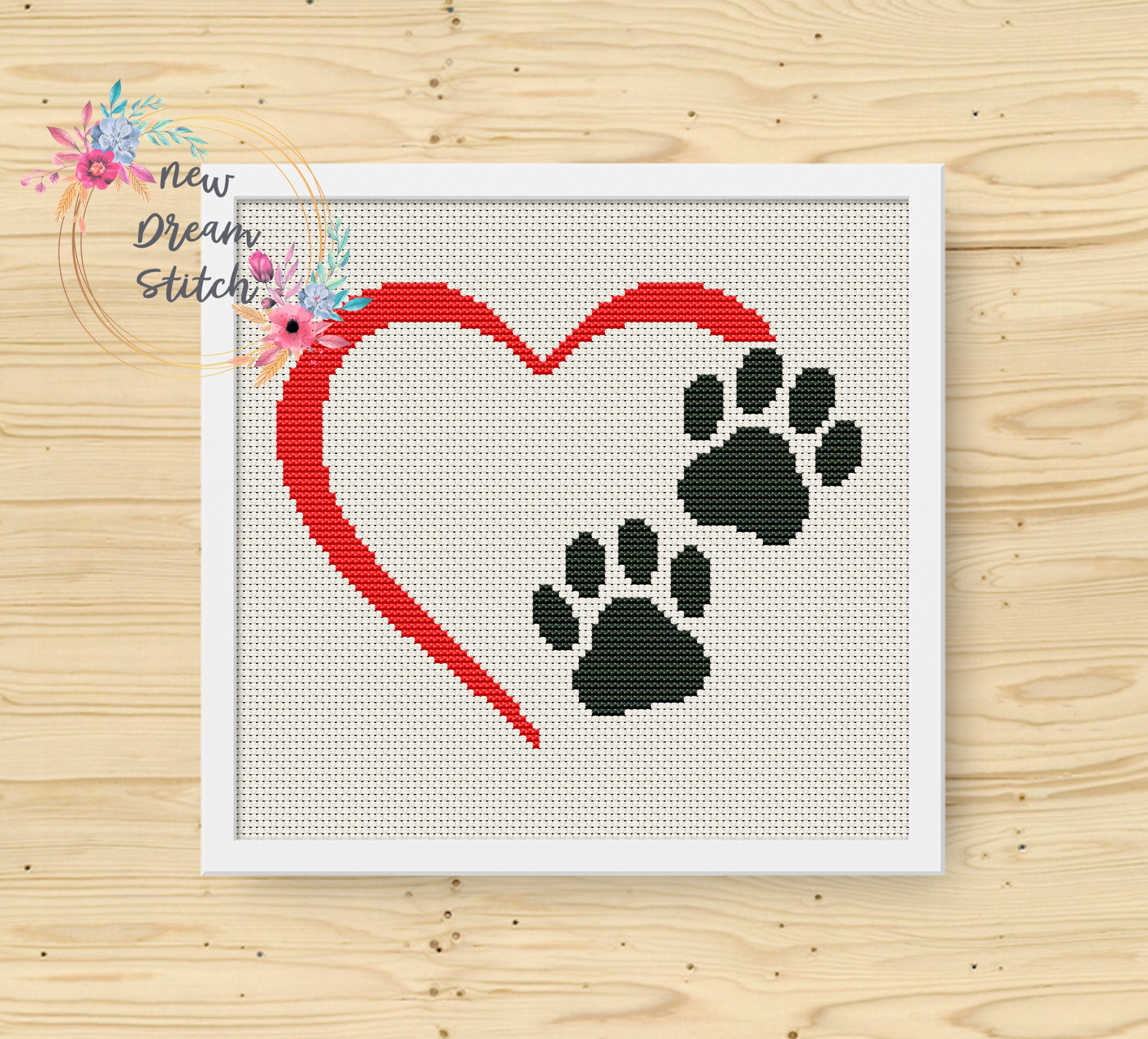 Paw Heart Cross Stitch Pattern, Paw Prints Stitch, Love Cross Stitch ...