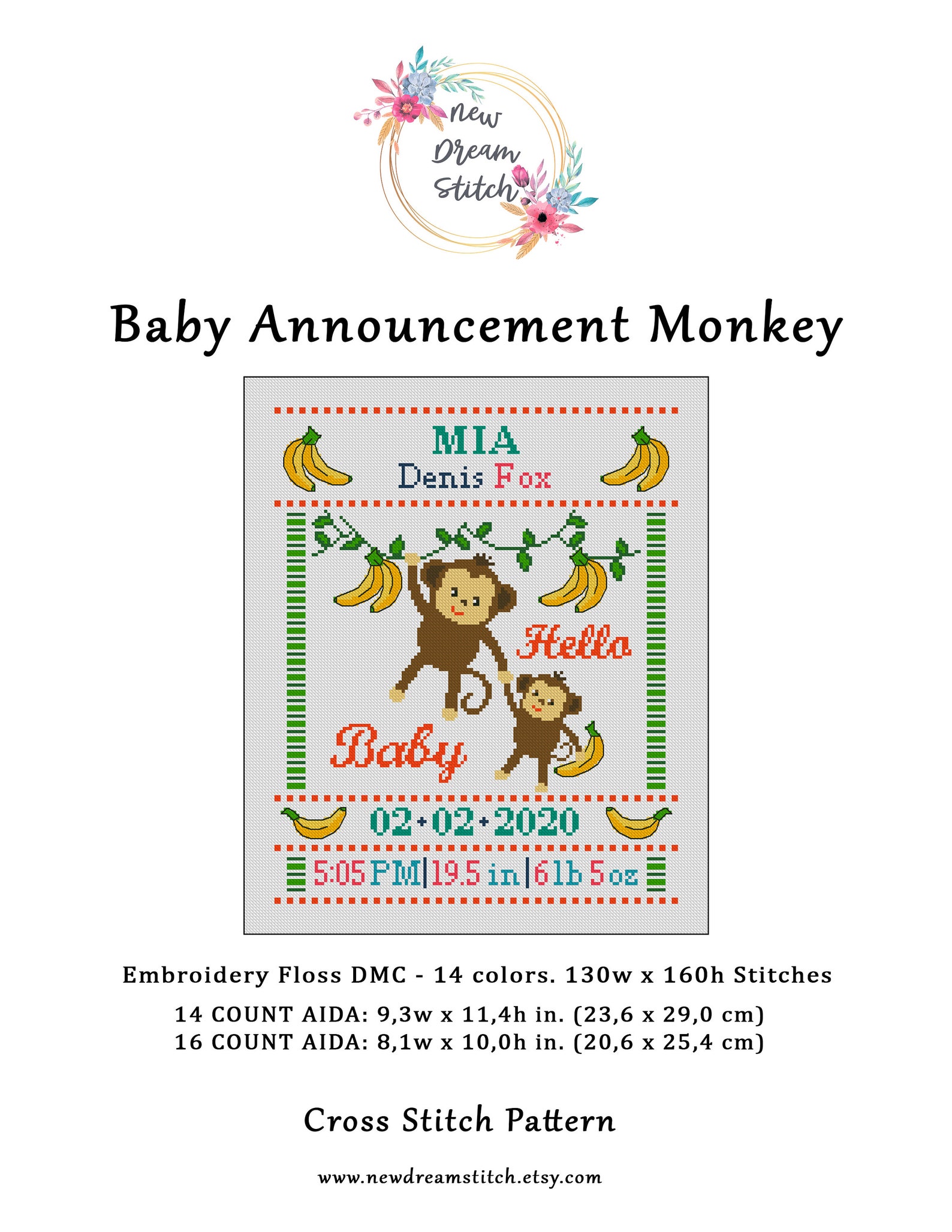 Baby Birth Announcement Cross Stitch Pattern Monkey Cross - Etsy