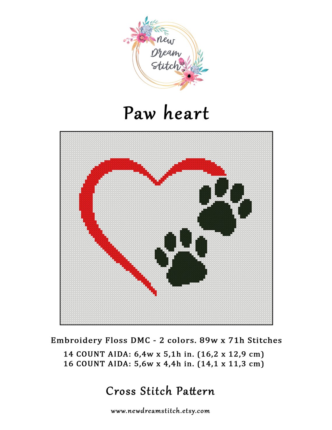 Paw heart cross stitch pattern Paw Prints stitch Love cross | Etsy
