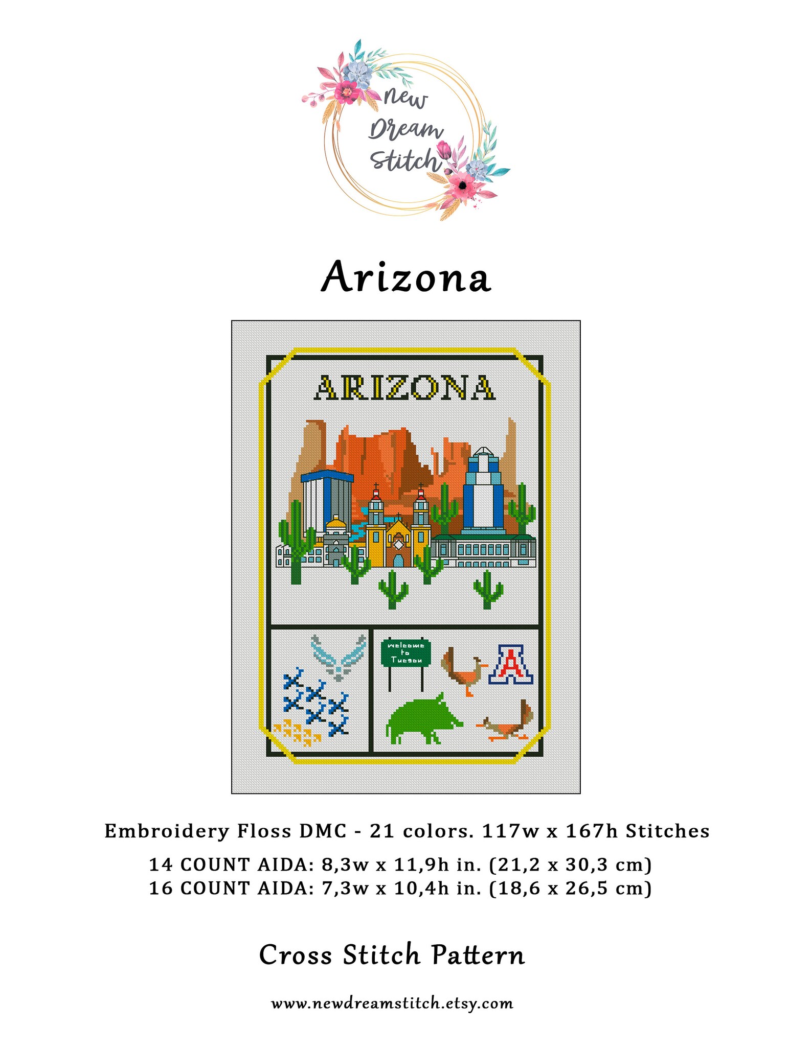 Arizona Cross Stitch Pattern, Little City Cross Stitch Pattern, Modern ...