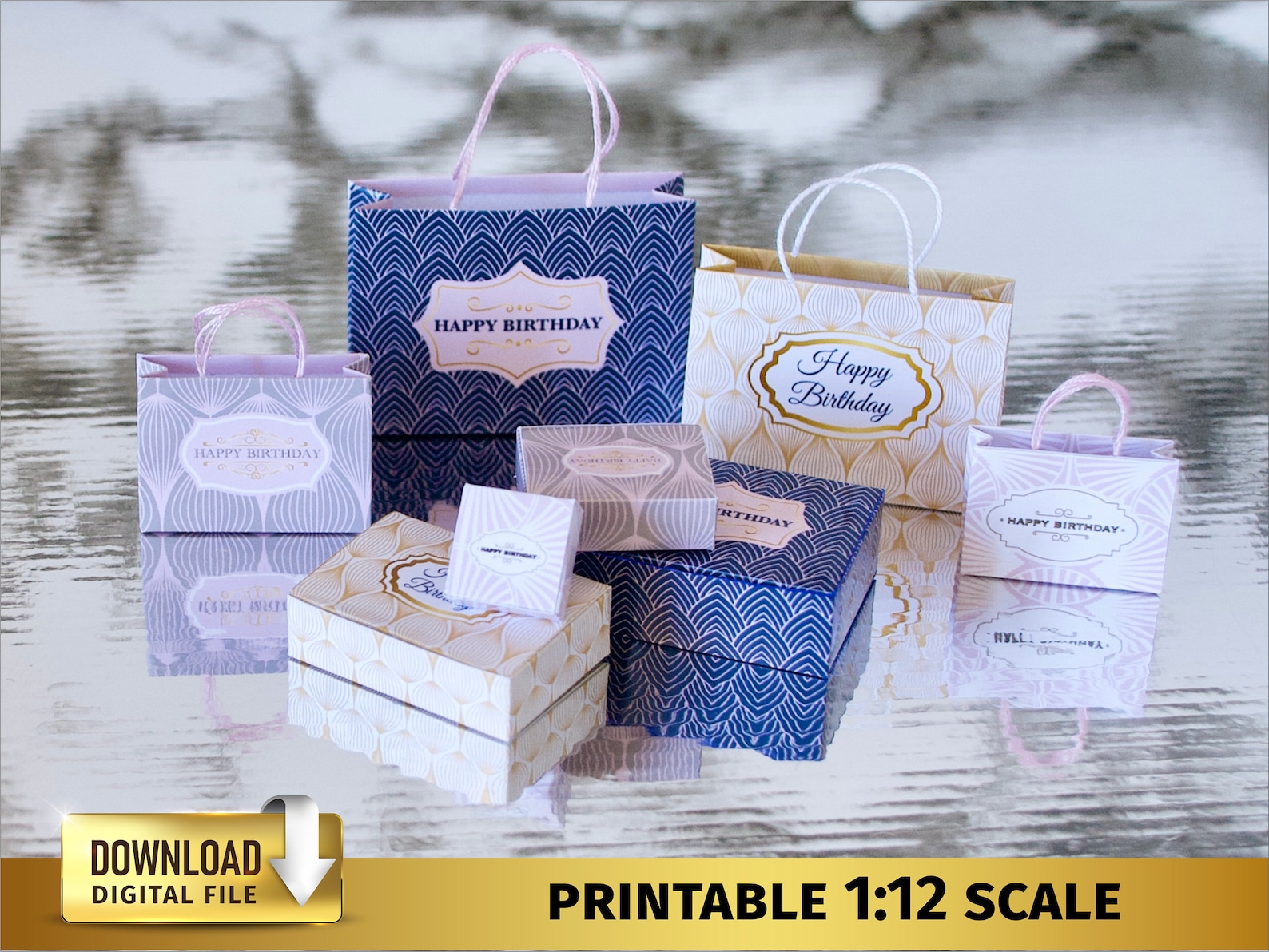Vintage Birthday Printable Miniature Boxes Template Shopping Bags 1:12 ...