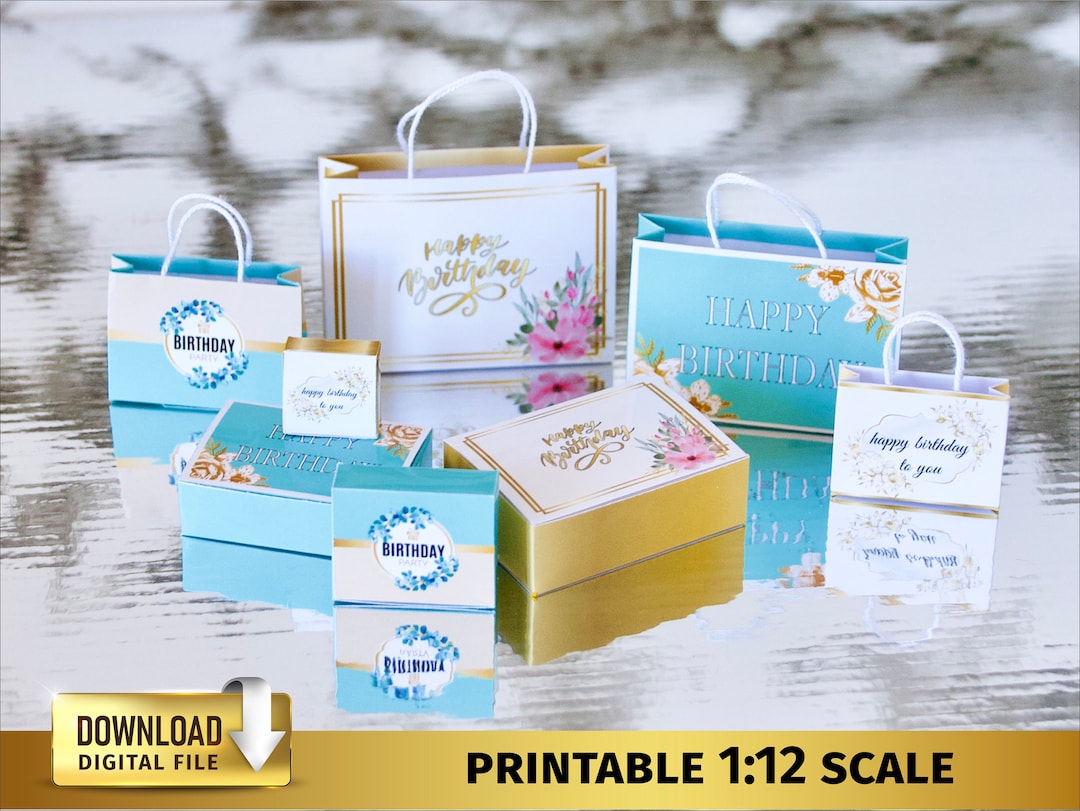Miniature Birthday Gift Boxes Bags Set 1:12 Downloadable Dollhouse ...