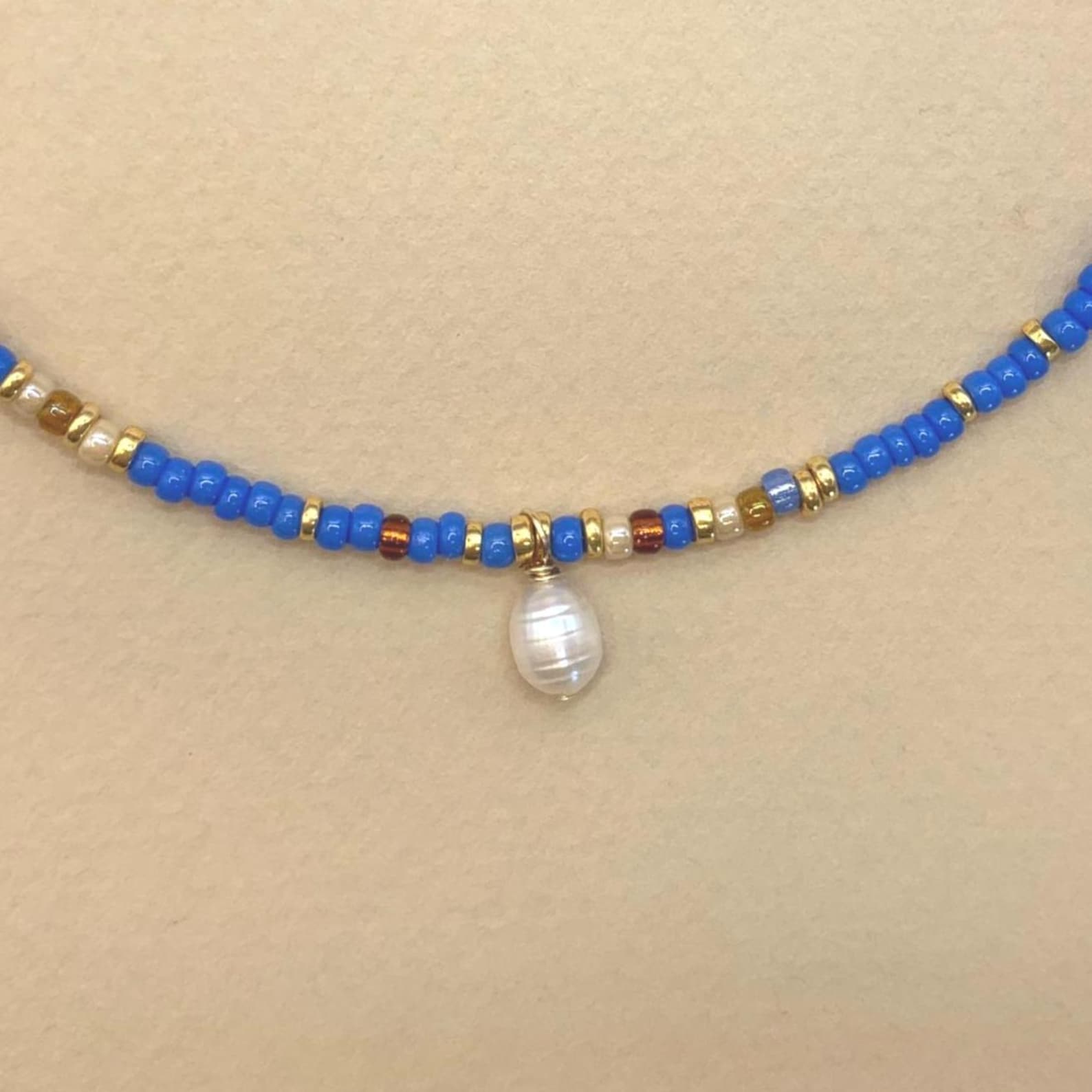 Gold, Blue Seed Bead Necklace and Pearls, Small Blue Bead and Pearl ...