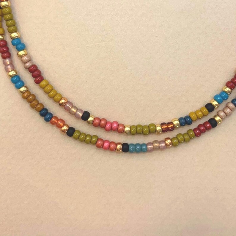 Gold and Multicolor Seed Bead Necklace, Multicolor Small Bead Necklace ...