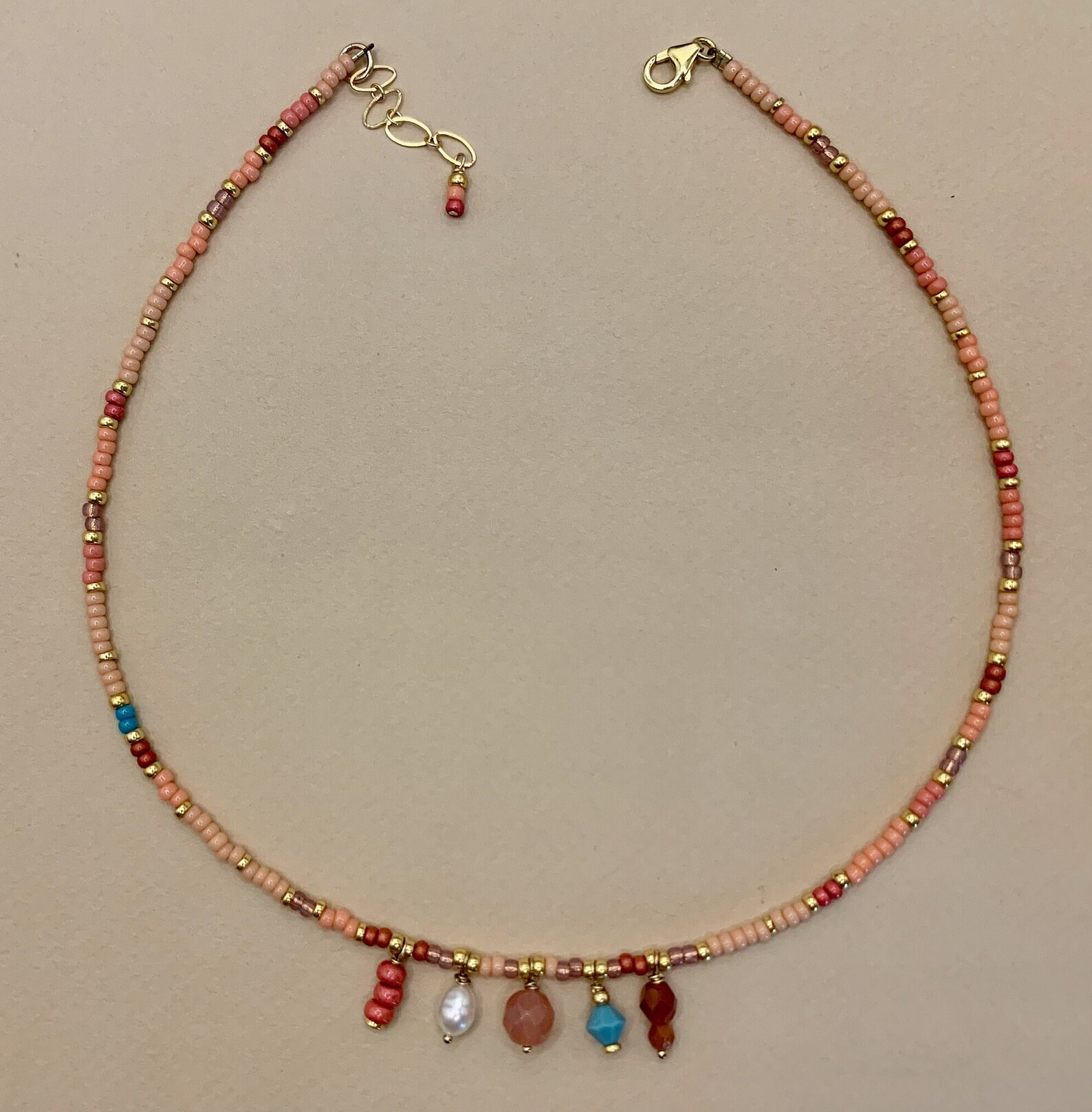 14K GF Pink Peach Seed Bead Necklace With Bead Charms, Pink Seed Bead ...