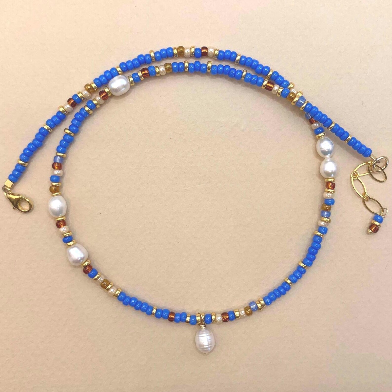 Gold, Blue Seed Bead Necklace and Pearls, Small Blue Bead and Pearl ...