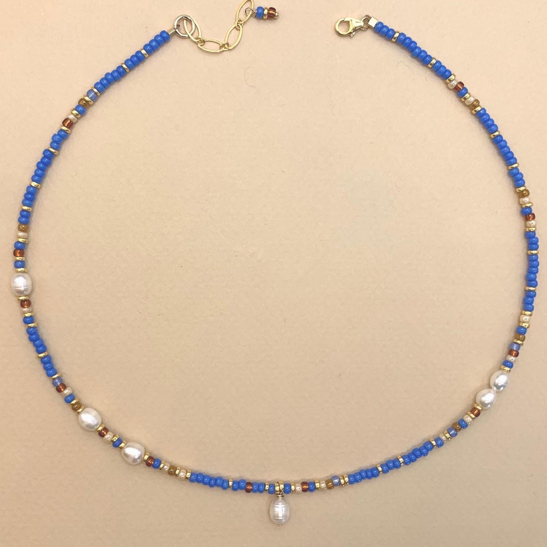14K GF Blue Seed Bead Necklace and Pearl, Small Blue Bead and Pearl ...