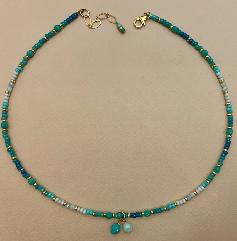 14K GF Turquoise Seed Bead Necklace With Turquoise and Light Green ...