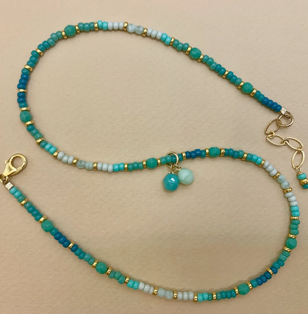 14K GF Turquoise Seed Bead Necklace With Turquoise and Light Green ...
